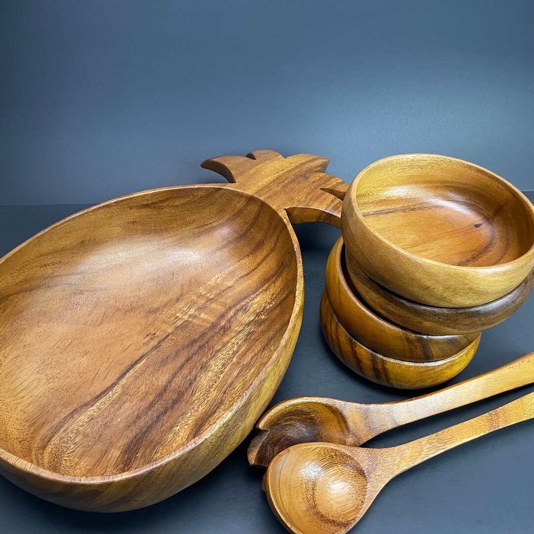 Monkey Pod Wood Salad Bowl Set Large Pineapple Serving With 4 Small ...