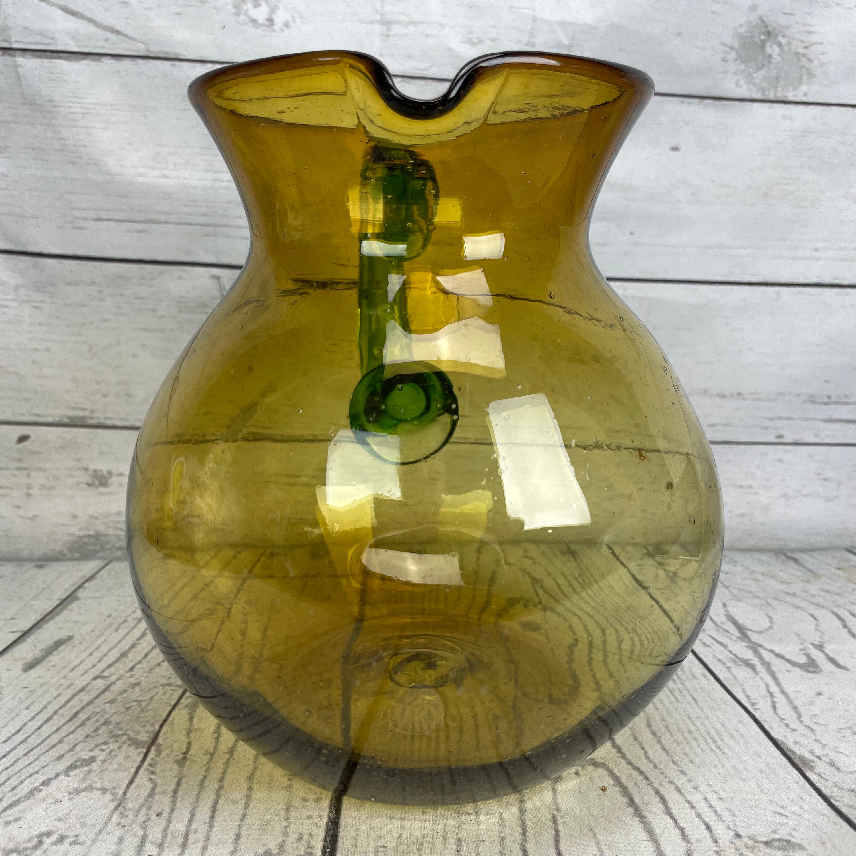 Art Bubble Glass Hand Blown Pitcher Gold Green Attached Handle - Etsy