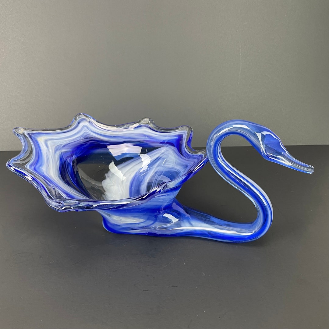 Sooner Glass Swan Blue Swirl Art Glass Centerpiece Bowl Basket 13.25 ...