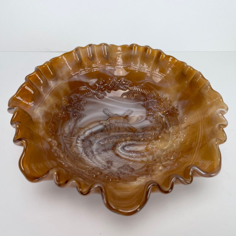 Slag Glass Bowl Windmill Embossed Design Ruffle Edge Marbled Caramel ...