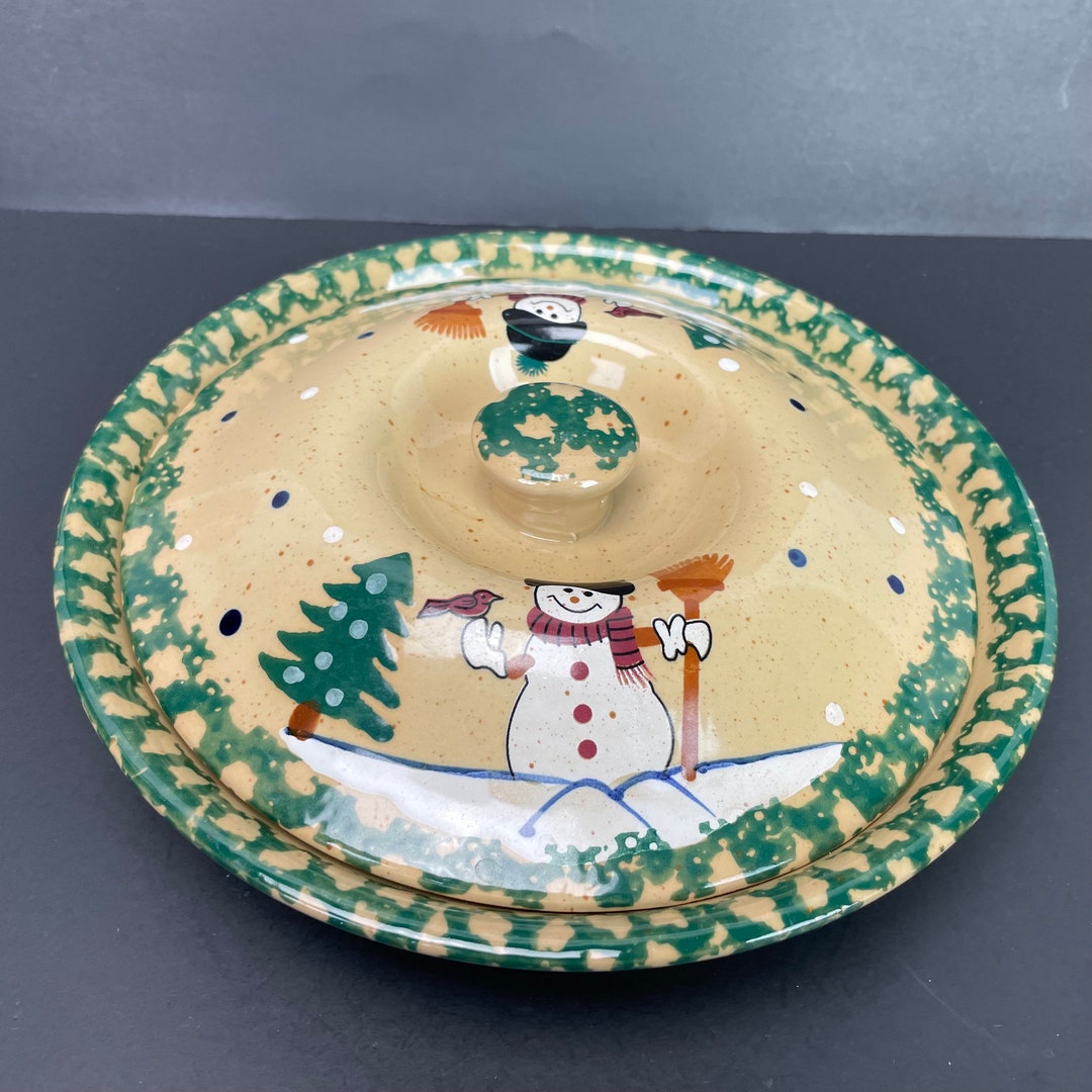 Vintage Covered Snowman Pie Dish Winter Hand Painted Spongeware Lidded ...