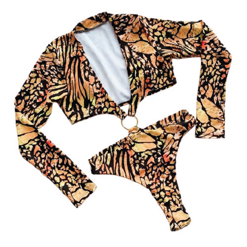 Sexy Leopard Print Brazilian Bikini Long Sleeve Thong Swimsuit Etsy