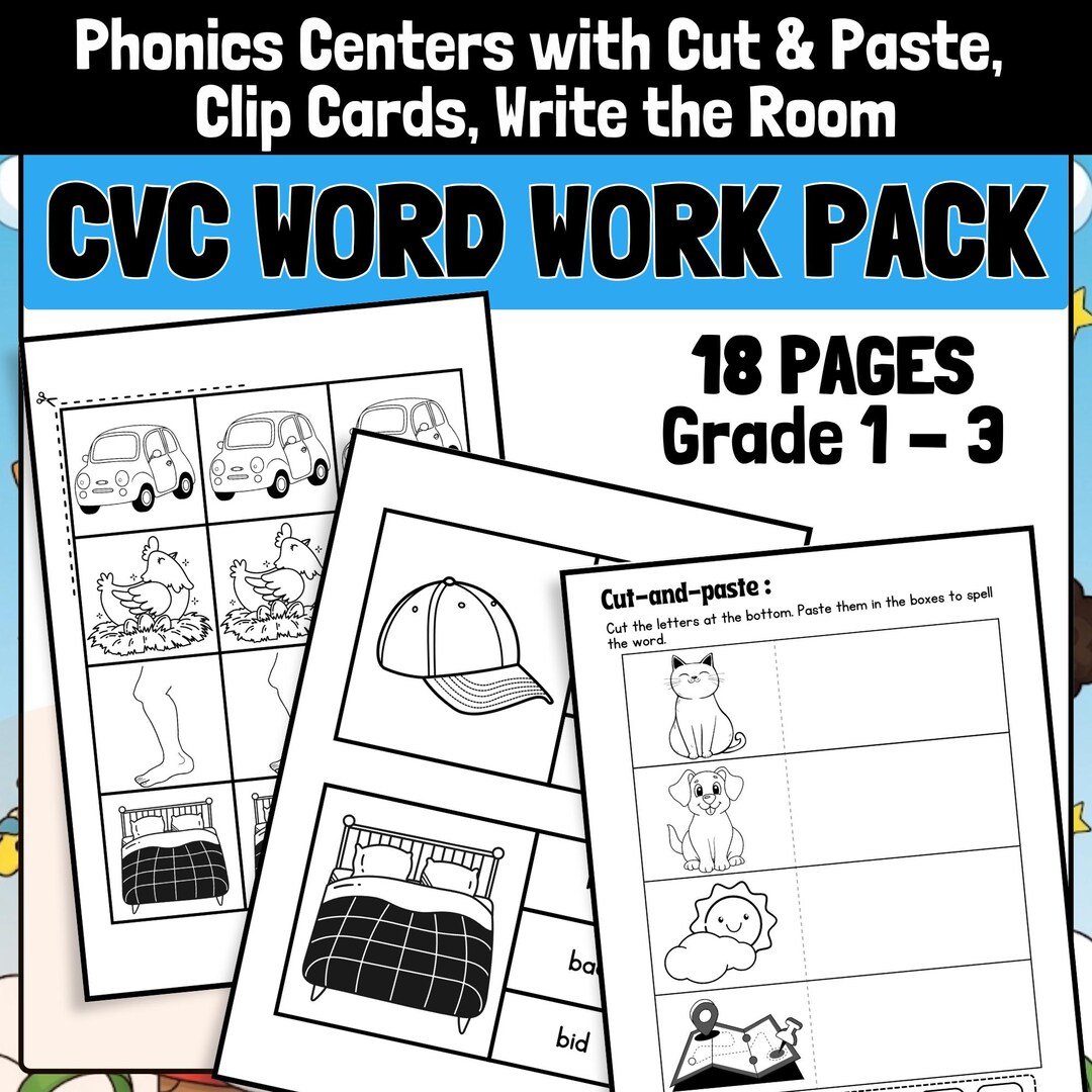 CVC Word Work Pack: Phonics Cut & Paste, Clip Cards, Write the Room - Etsy