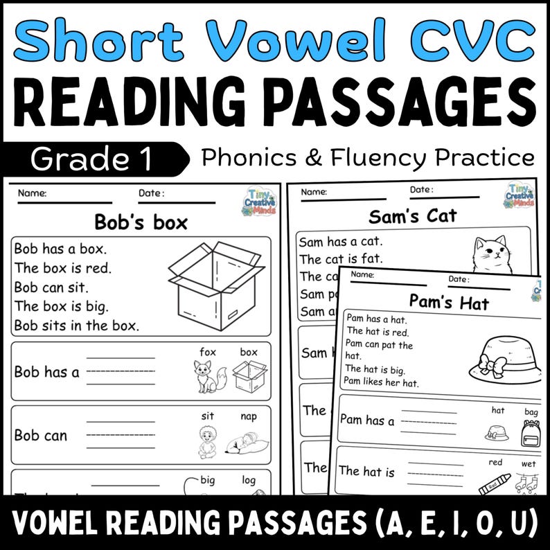 SHORT VOWEL CVC Reading Passages Phonics & Fluency Practice for Grade 1 ...
