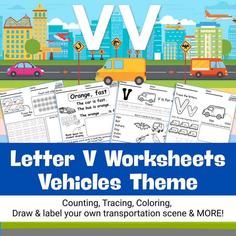 Letter V Worksheets | Vehicles Theme Counting, Tracing, Coloring ...