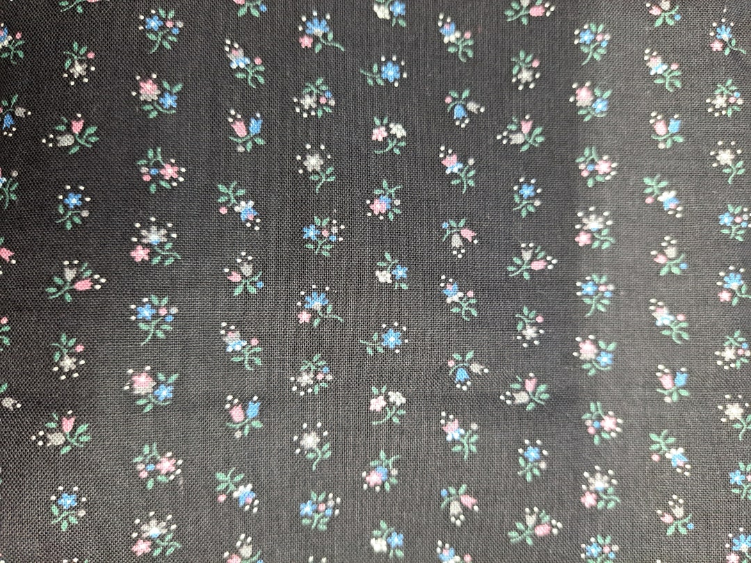 Black Calico Type Floral Fabric Piece. Sweet Pink and Blue Flowers With ...