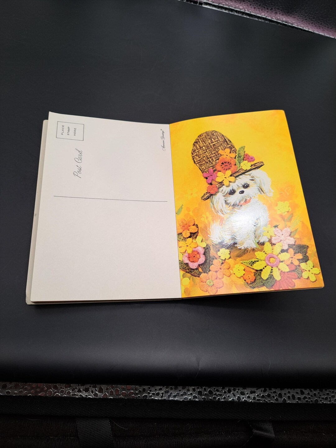 American Greetings Puppy With Hat and Flower Appliqués on Yellow ...
