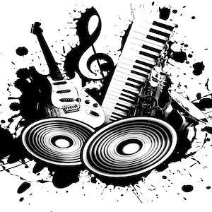 Grunge Music Transparent Overlay With Speakers, Keyboard, Notes, Guitar ...