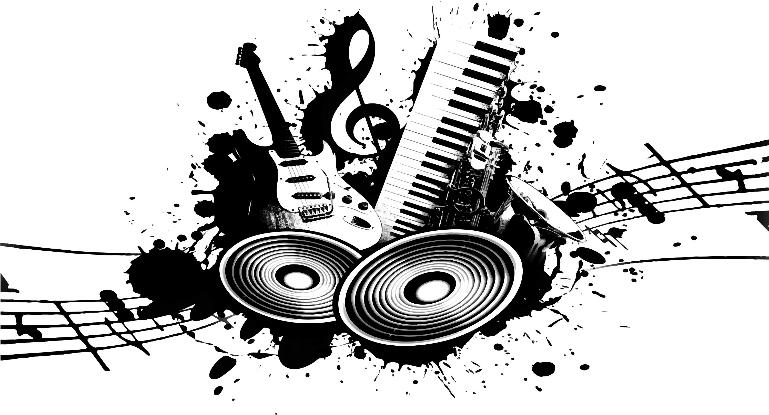 Grunge Music Transparent Overlay With Speakers, Keyboard, Notes, Guitar ...