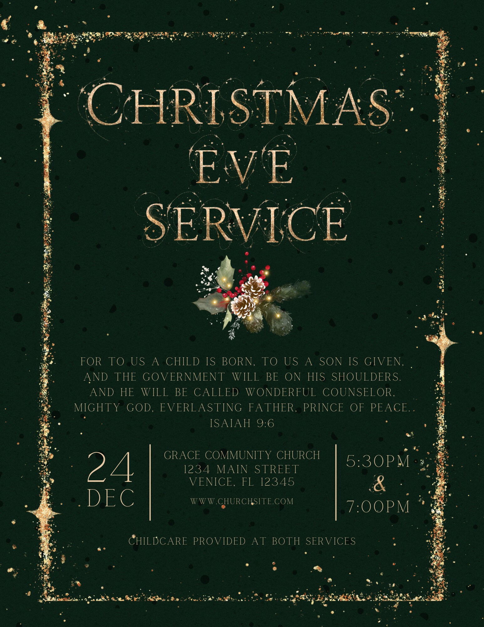 Green and Gold Christmas Eve Candlelight Service Flyer - Church ...