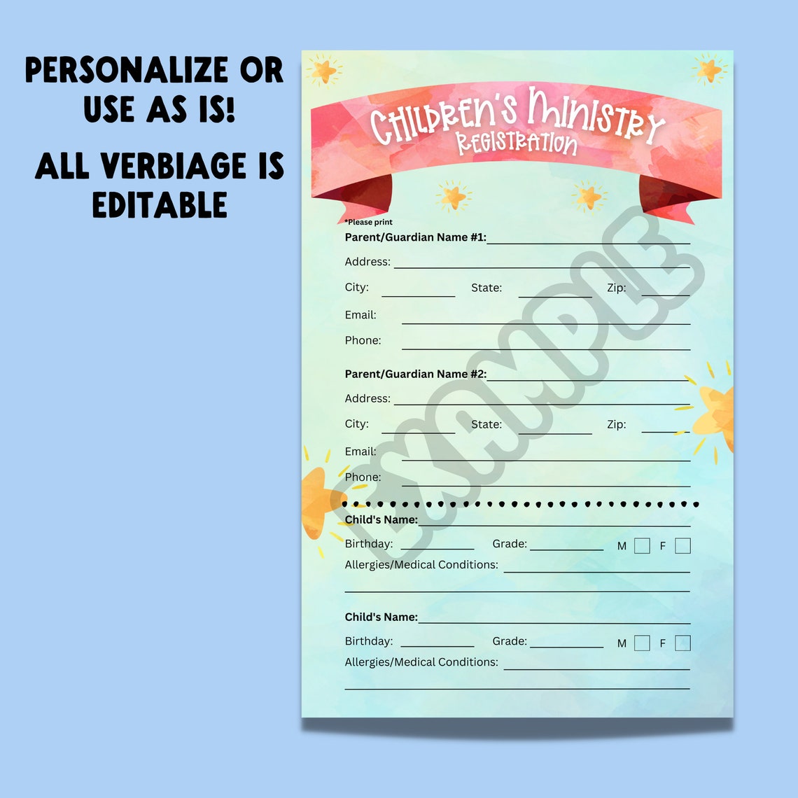 Children's Ministry Connect Card, Registration Card, Parent and ...