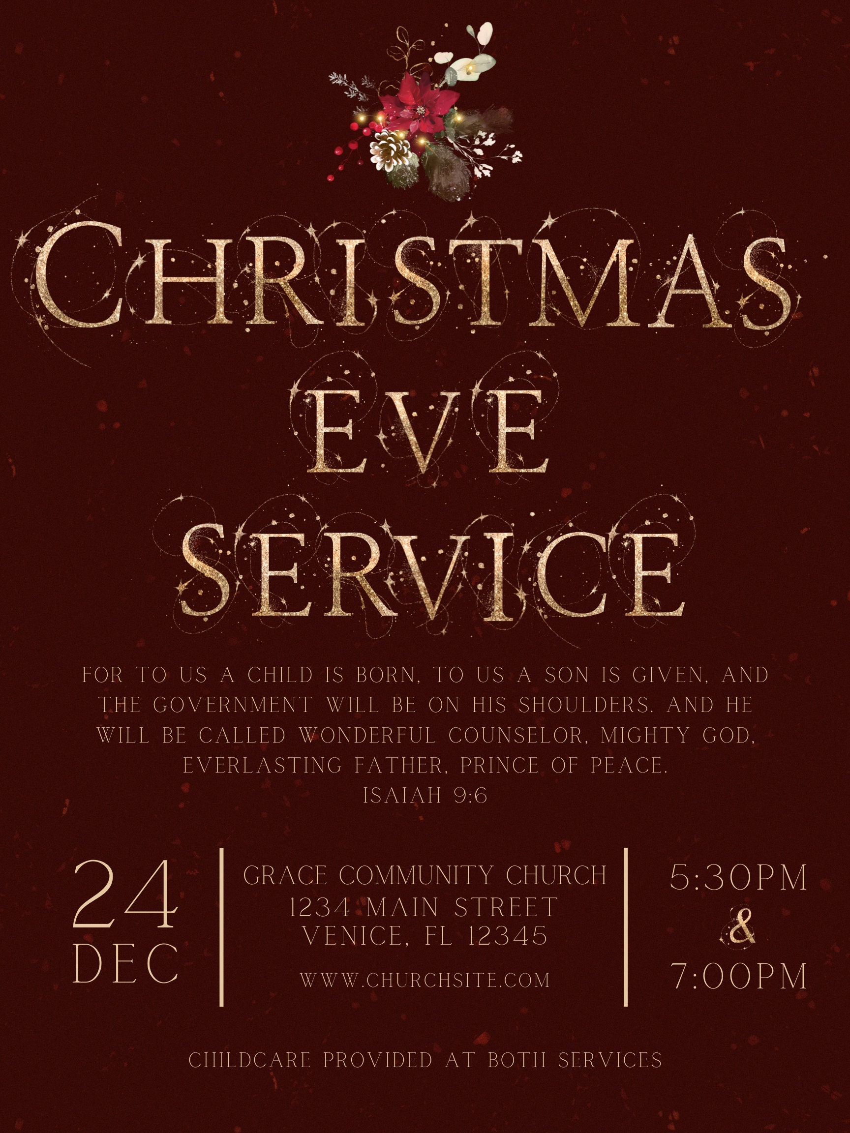 Red and Gold Christmas Eve Candlelight Service Flyer - Church Christmas ...