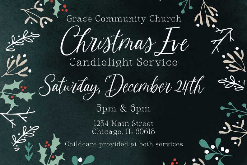 Green Christmas Eve Candlelight Service Invitation - Christmas Church ...