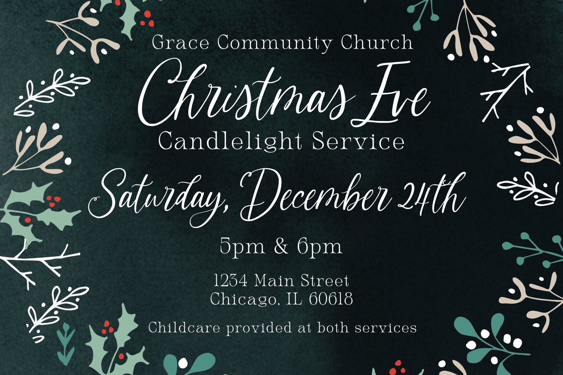 Green Christmas Eve Candlelight Service Invitation Christmas Church ...