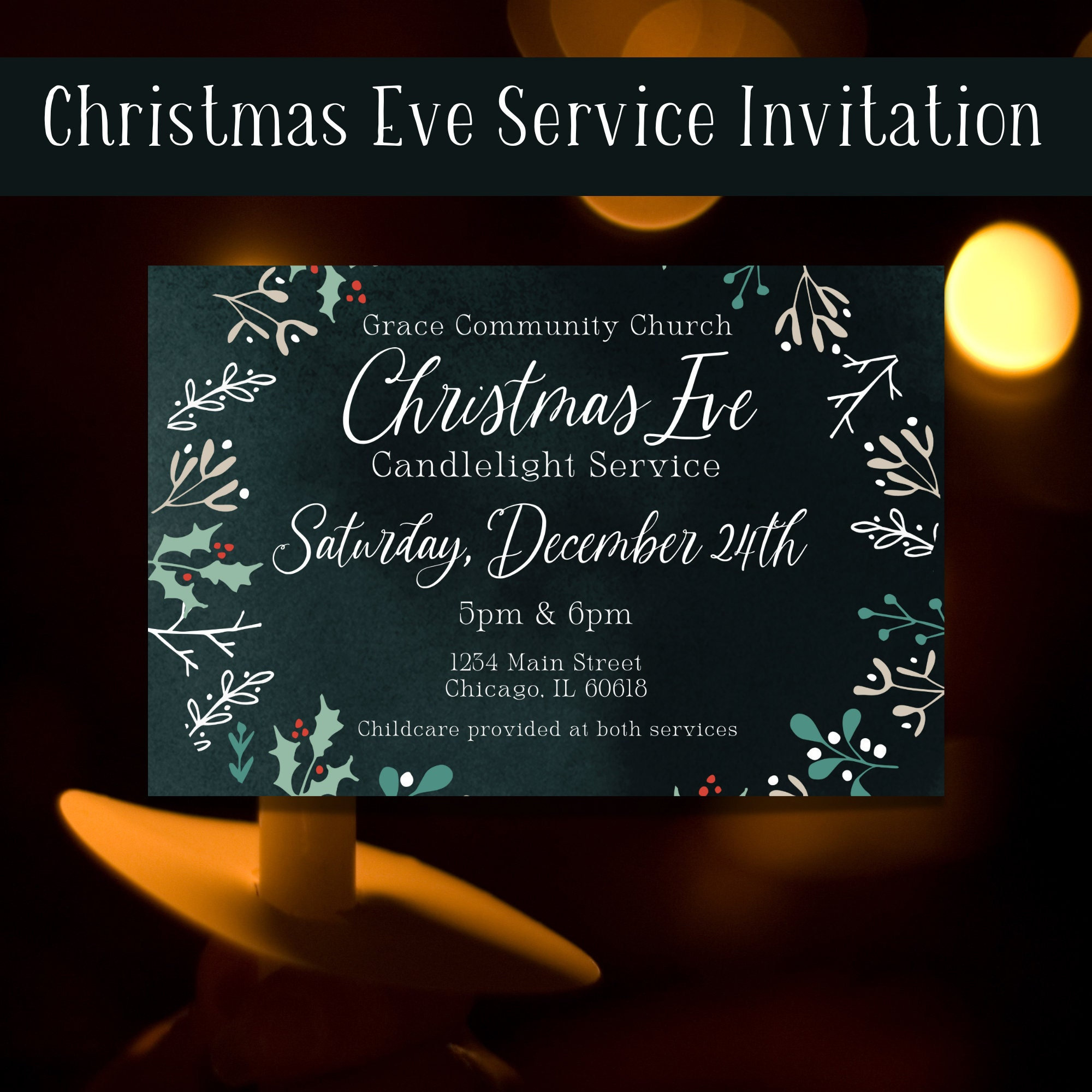 Green Christmas Eve Candlelight Service Invitation Christmas Church ...