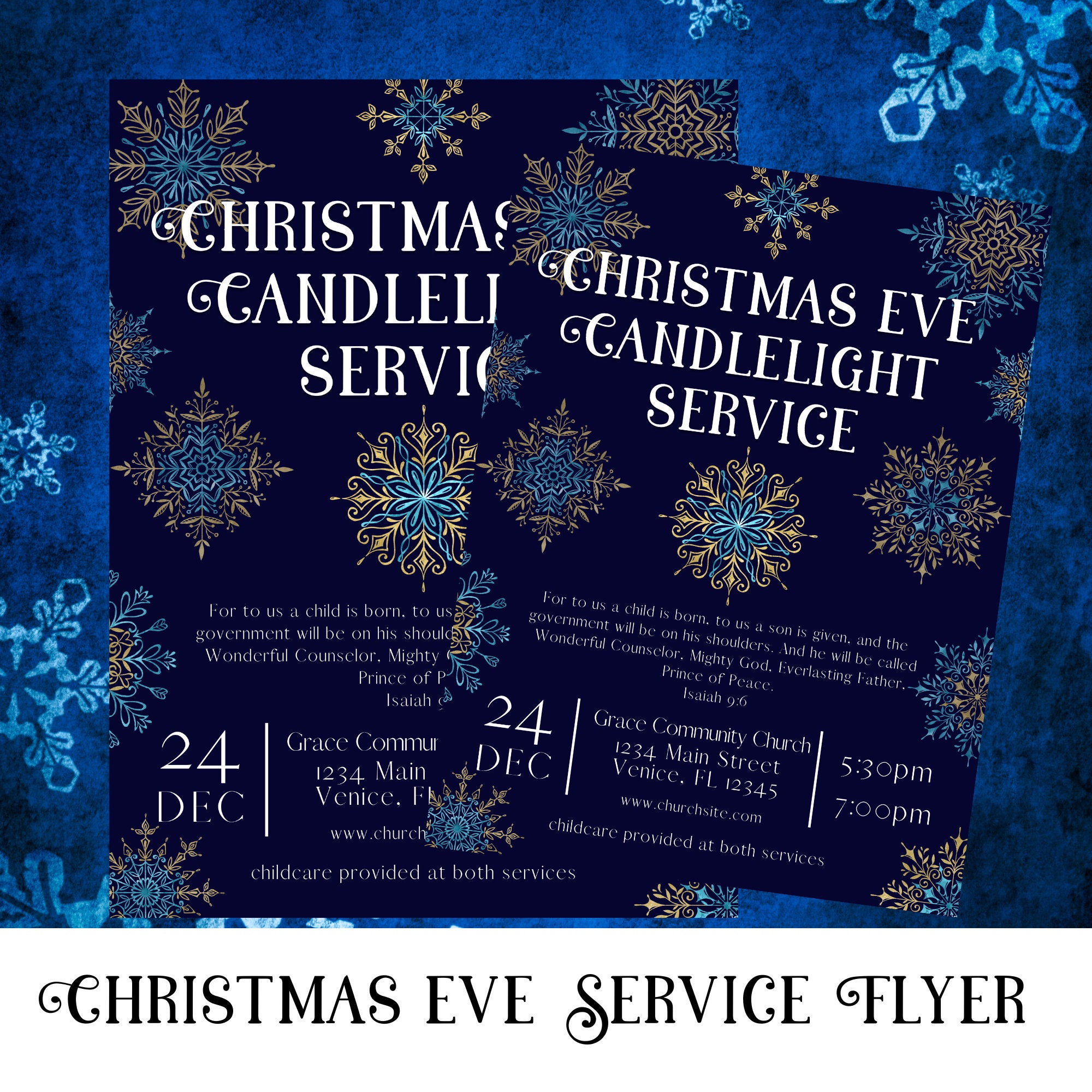 Blue and Gold Snowy Christmas Eve Candlelight Service Flyer Church ...