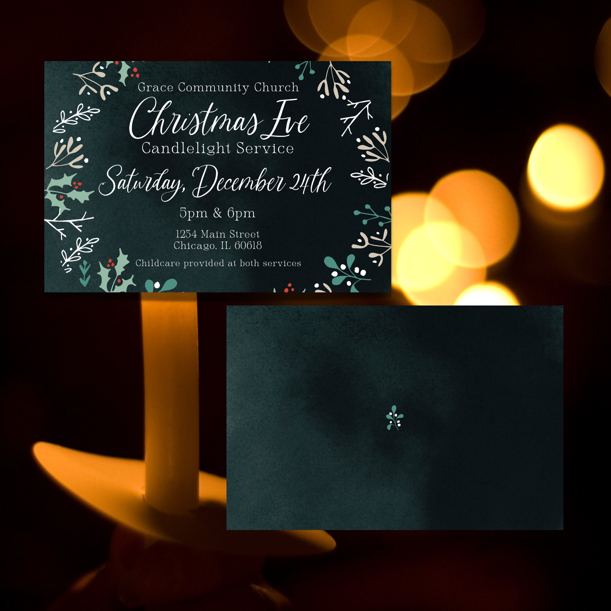 Green Christmas Eve Candlelight Service Invitation Christmas Church ...