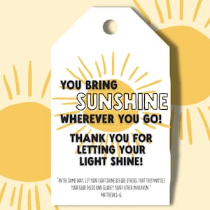 Printable Gift Tags, You Bring Sunshine, Volunteer Appreciation, Thank ...