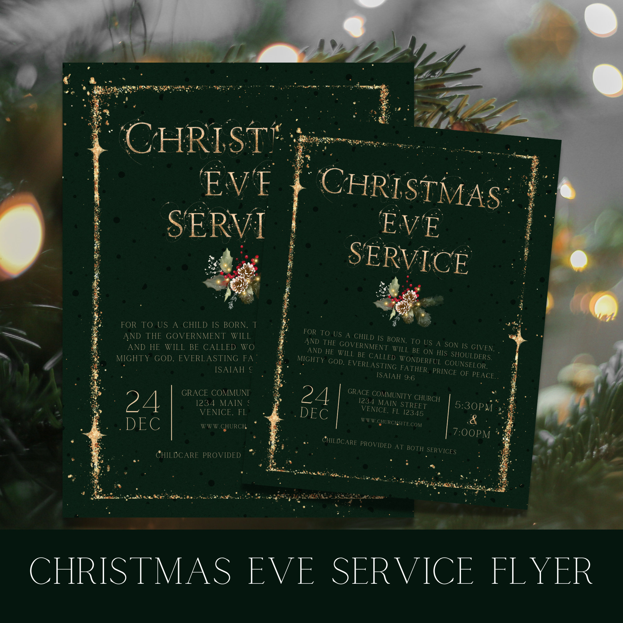Green and Gold Christmas Eve Candlelight Service Flyer Church Christmas ...