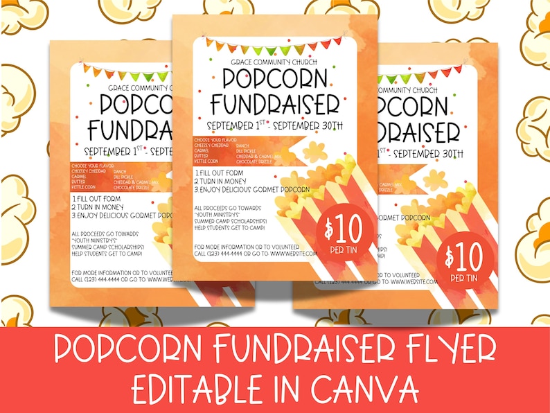 Popcorn Fundraiser Flyer | Editable Canva Template | Church, School ...