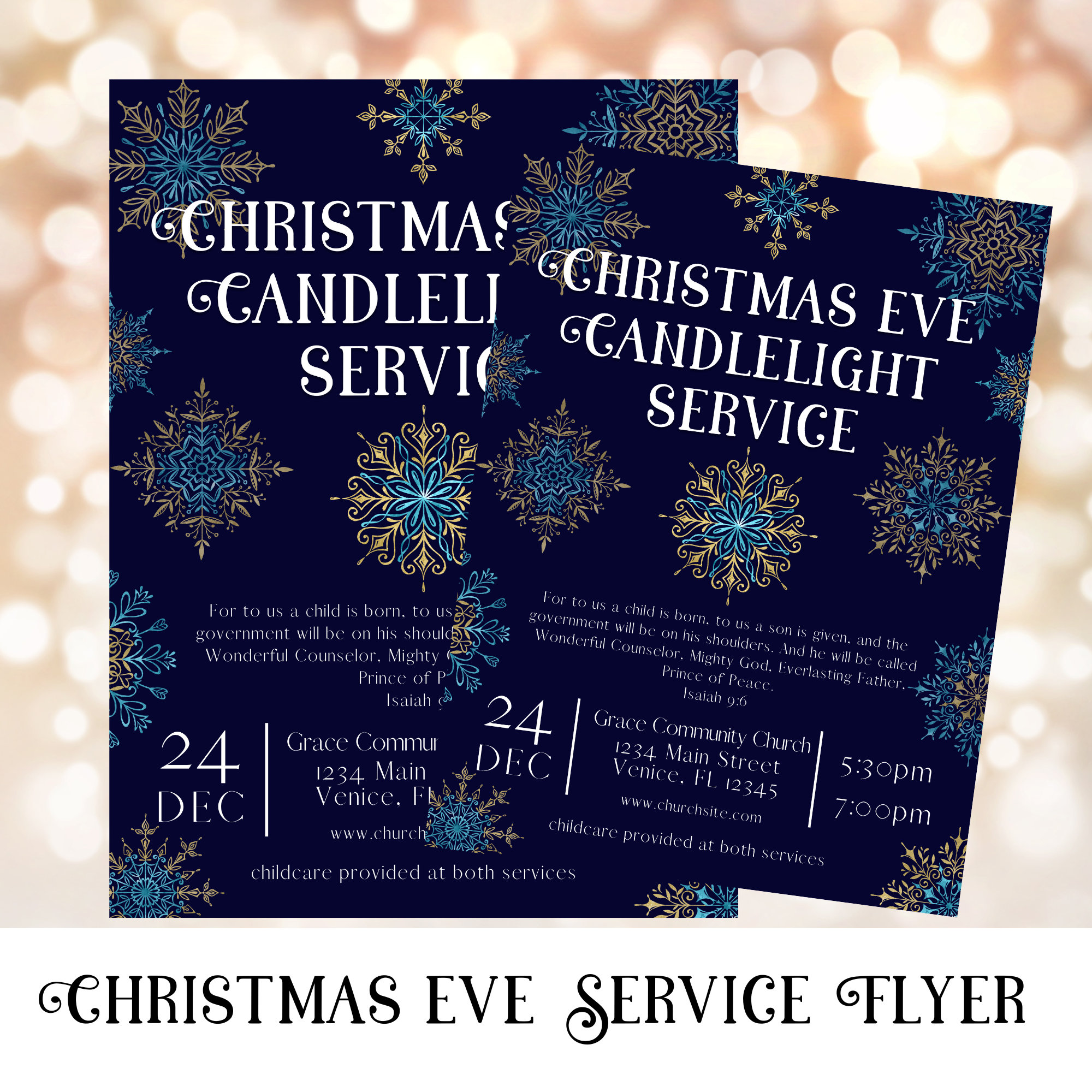 Blue and Gold Snowy Christmas Eve Candlelight Service Flyer - Church ...