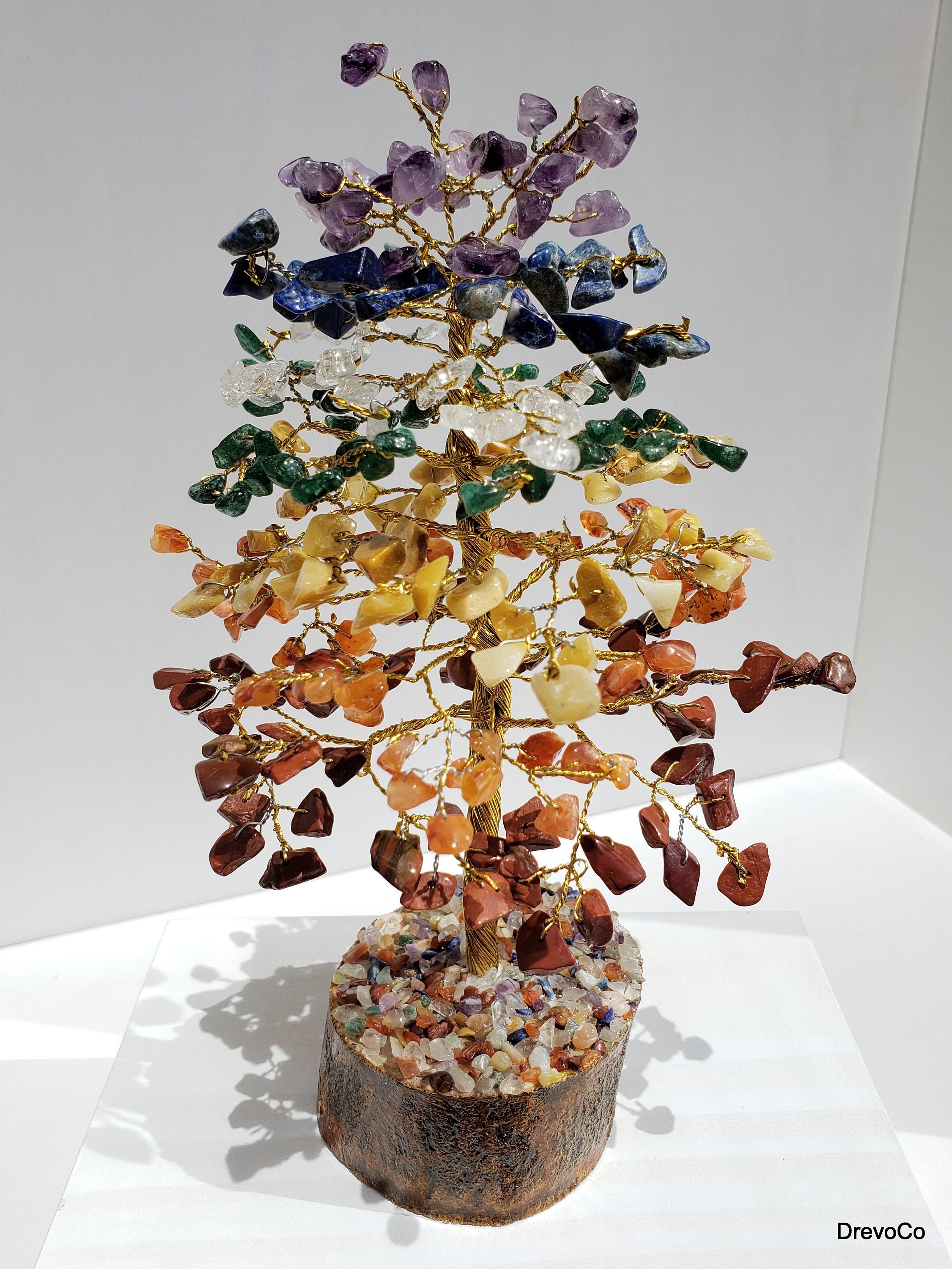 Chakra Gemstone Tree on Wood Base W/ Gold Wire | Etsy