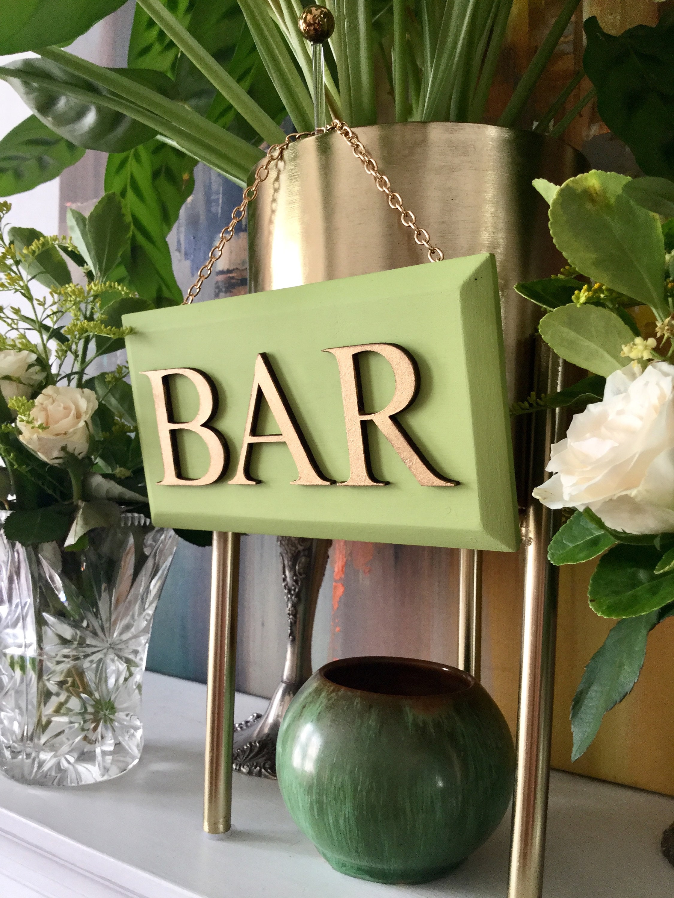 Vibrant Green Bar Sign, Home Bar Sign, Bar Cart Styling, Green and Gold ...
