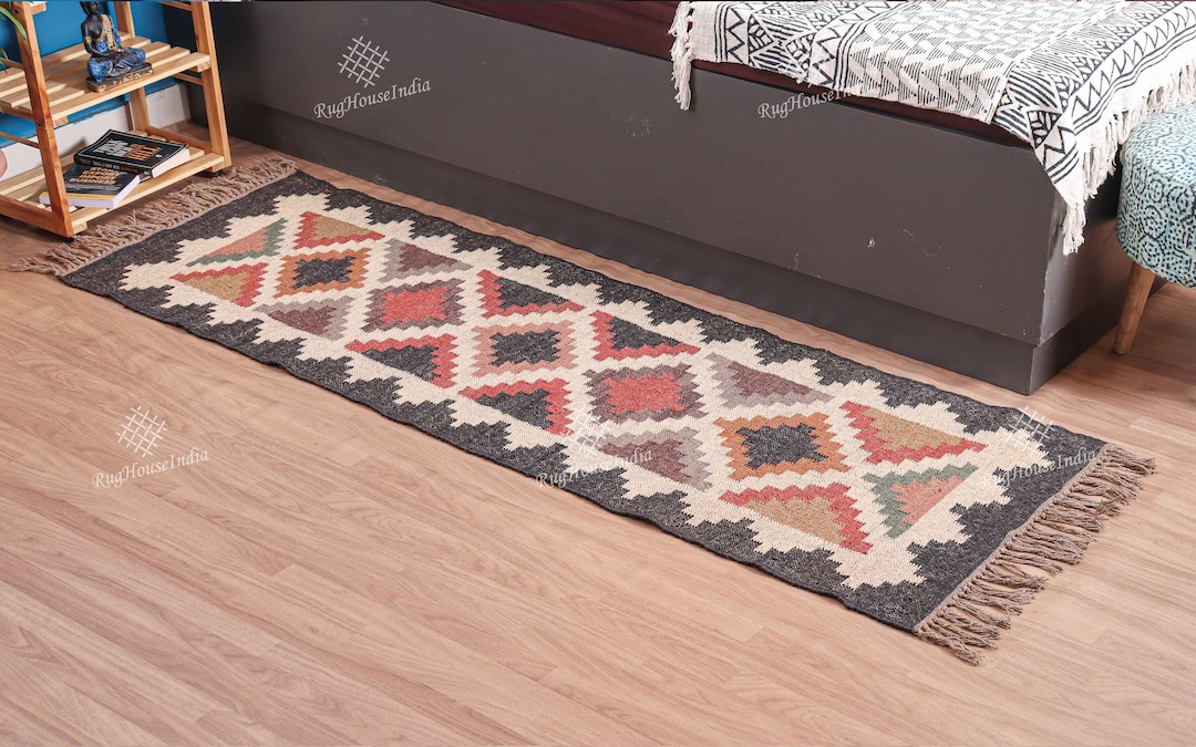 Wool Jute Kilim Dhurrie, Handwoven Wool Jute Runner Bohemian Eco ...