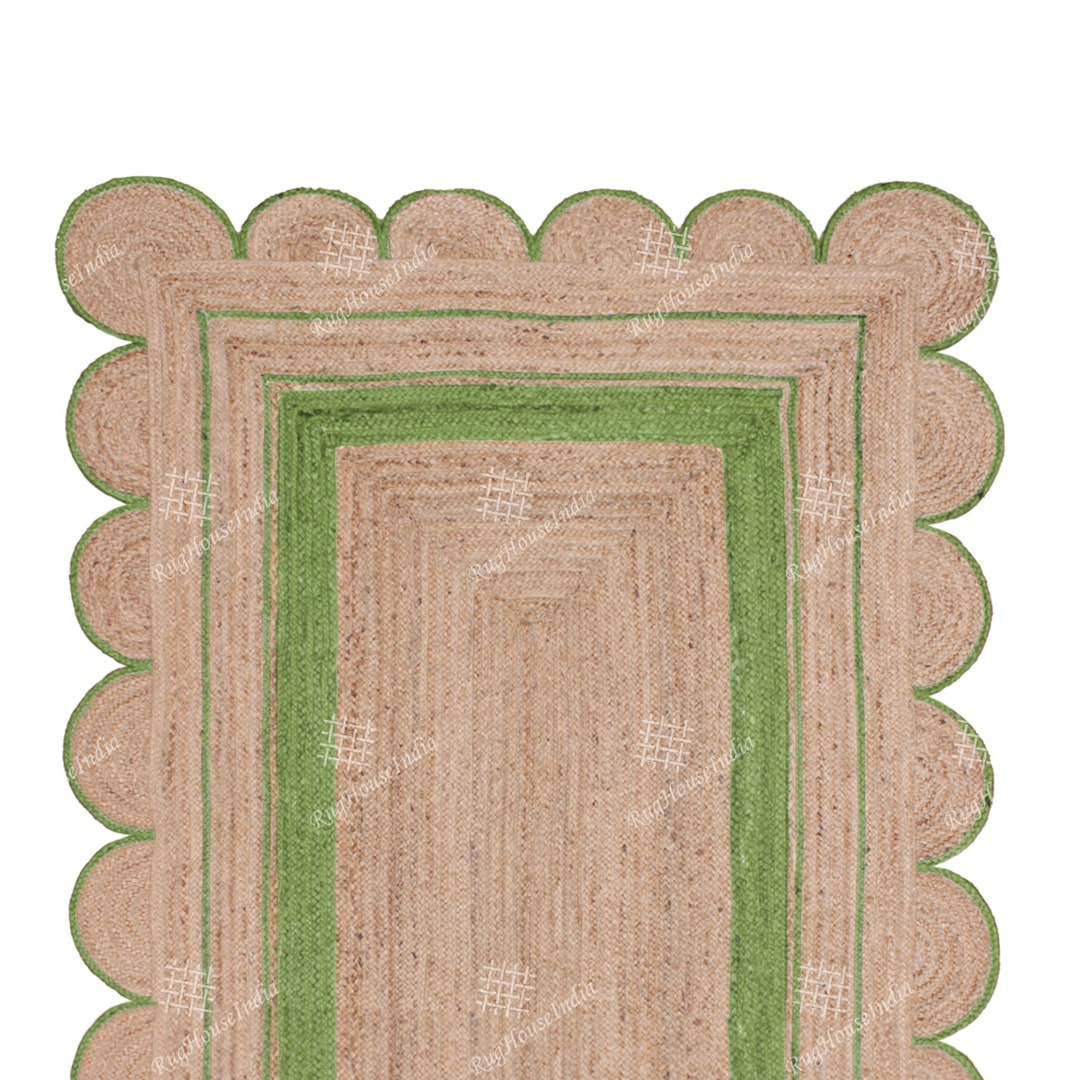 Hand Braided Rectangle Scalloped Beige Jute Rug With Light Green Border ...