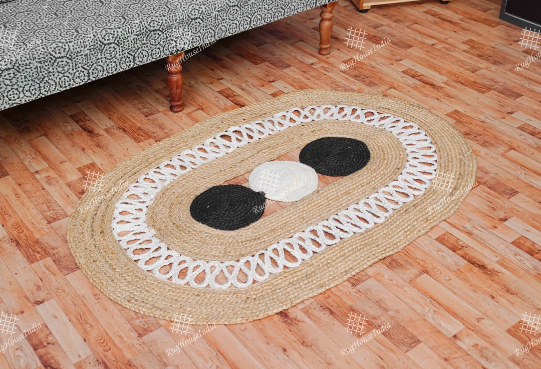Indian Hand Braided Oval Jute Rug Beige White With Black Design Rug ...