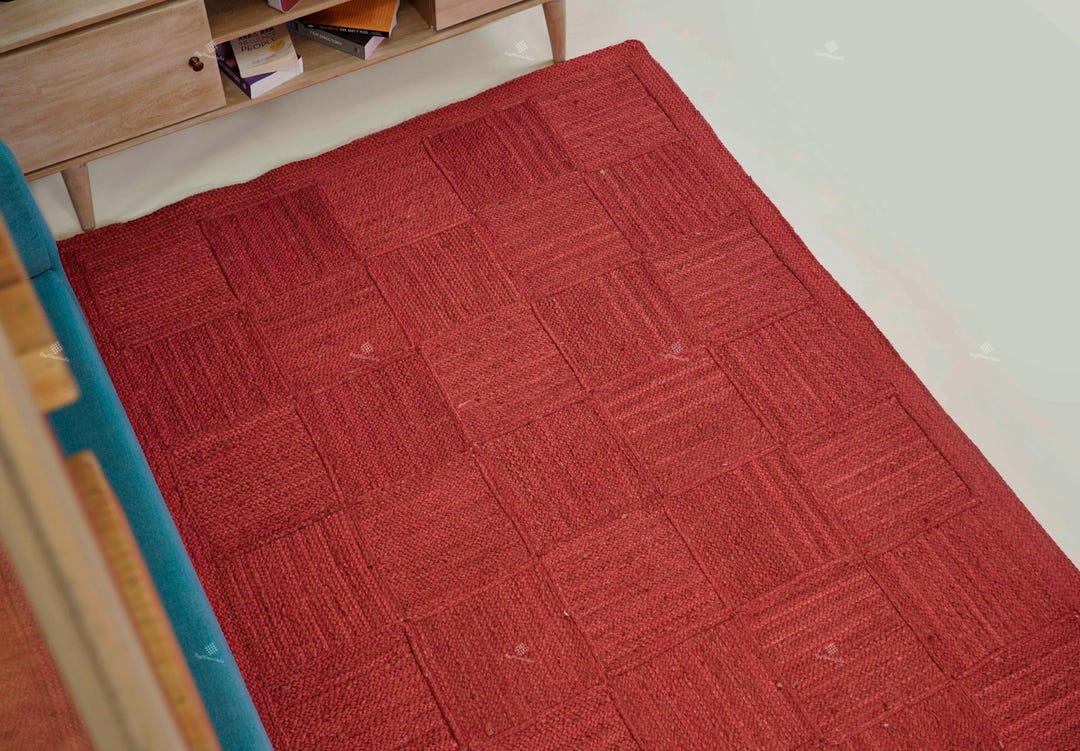 Handmade Red Checkered Jute Rug – Braided Area Carpet for Living Room ...