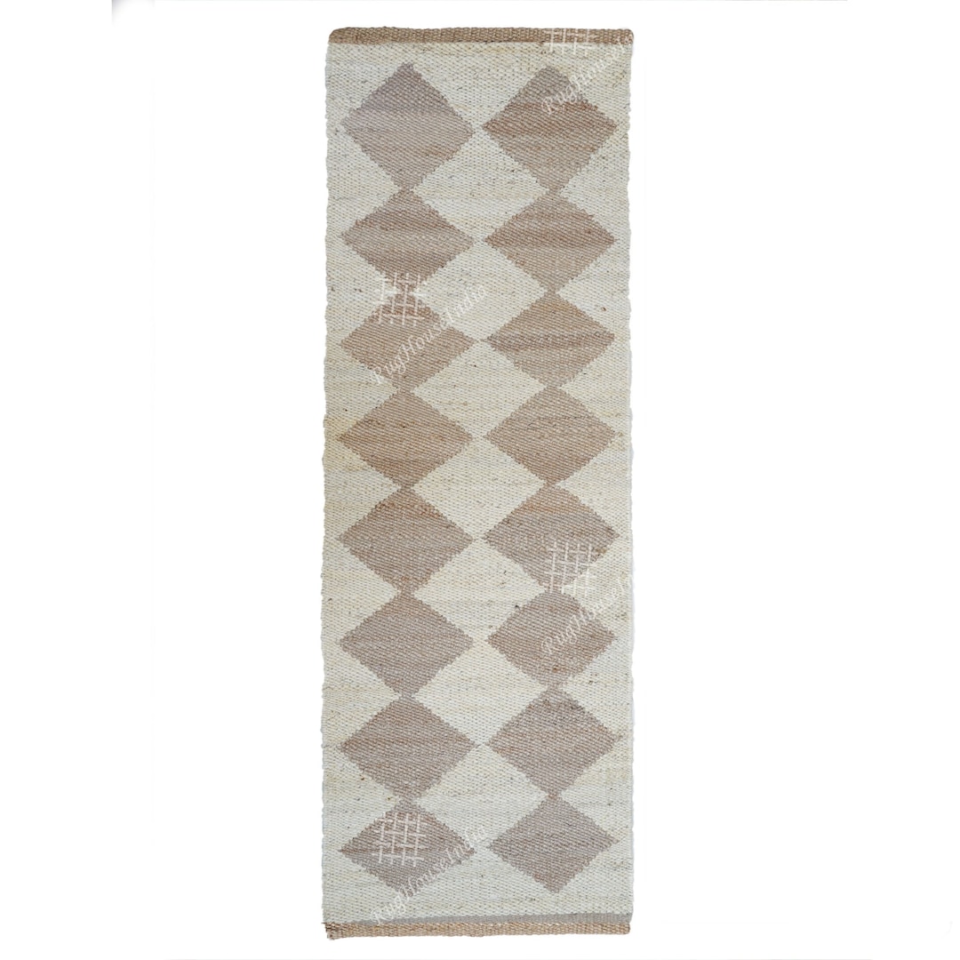 Beige Diamond Pattern Hand Loomed off White Jute Hemp Rug/runner Large ...