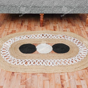 Indian Hand Braided Oval Jute Rug Beige White With Black Design Rug ...