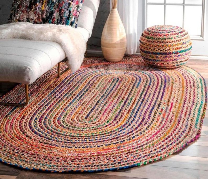 Hand Braided Bohemian Colorful Jute Cotton Chindi Area Rug - Etsy