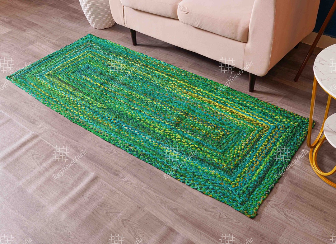 Hand Braided Bohemian Green Cotton Chindi Rug Multi Colors Home Decor ...