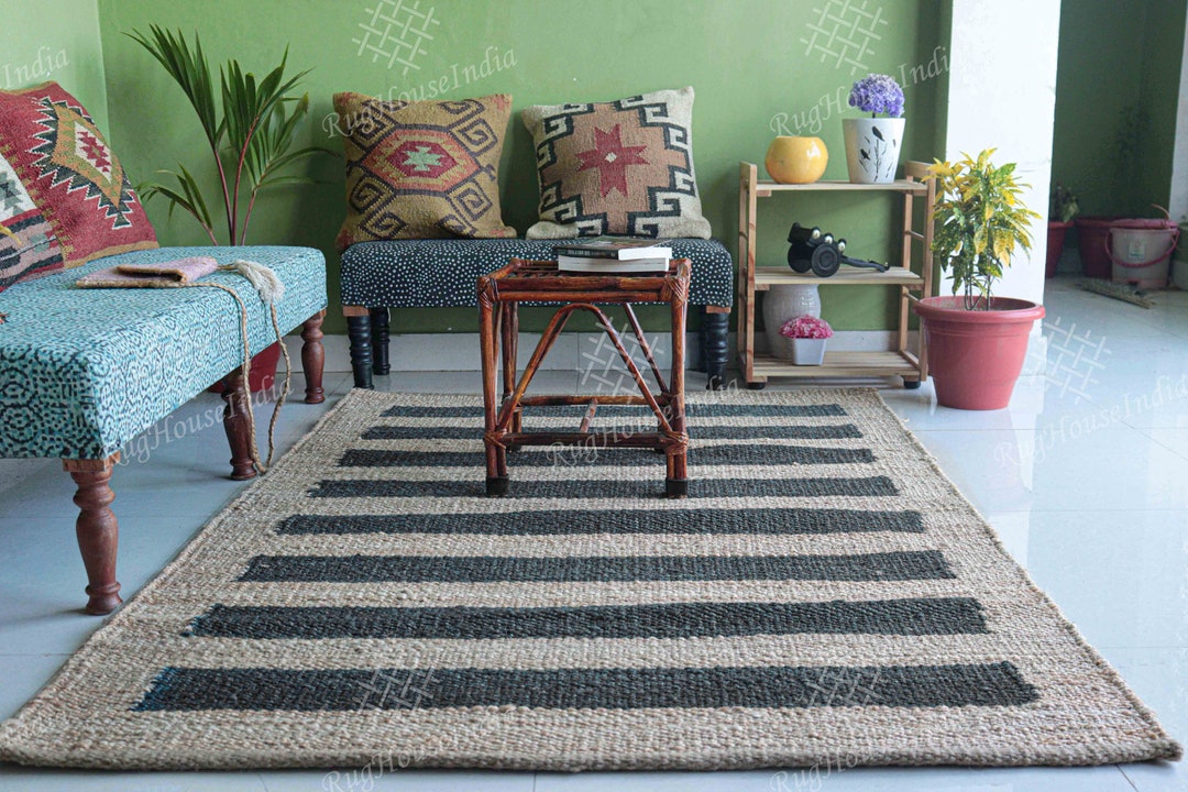 Customize Hemp Rug in Black or Blue Stripes, Handmade Natural Jute Area ...