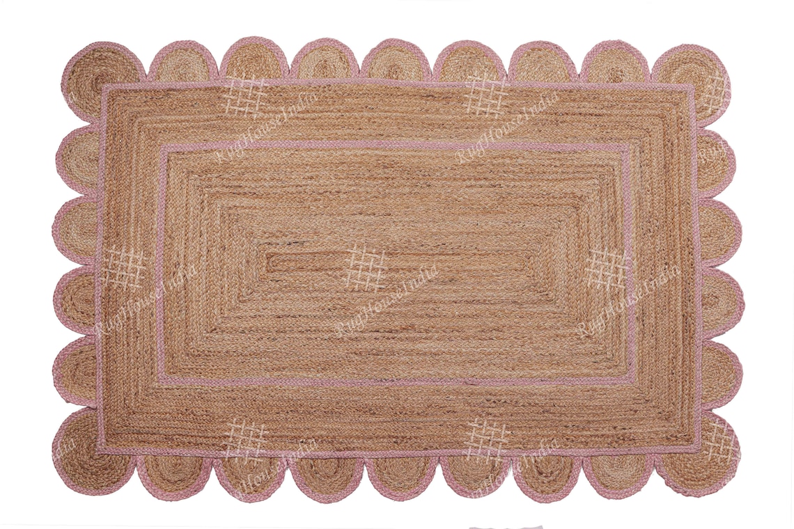 Scalloped Jute Rug Pink Scallop Rug Natural Jute Rug | Etsy