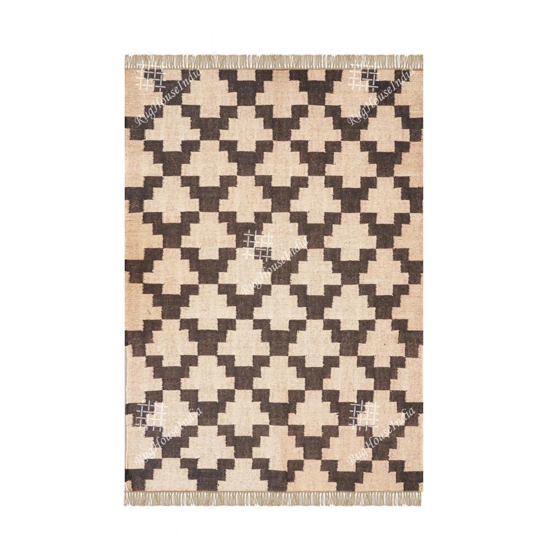 3x5 5x8 Ft Indian Handwoven Kilim White & Black Wool Jute Rug With ...