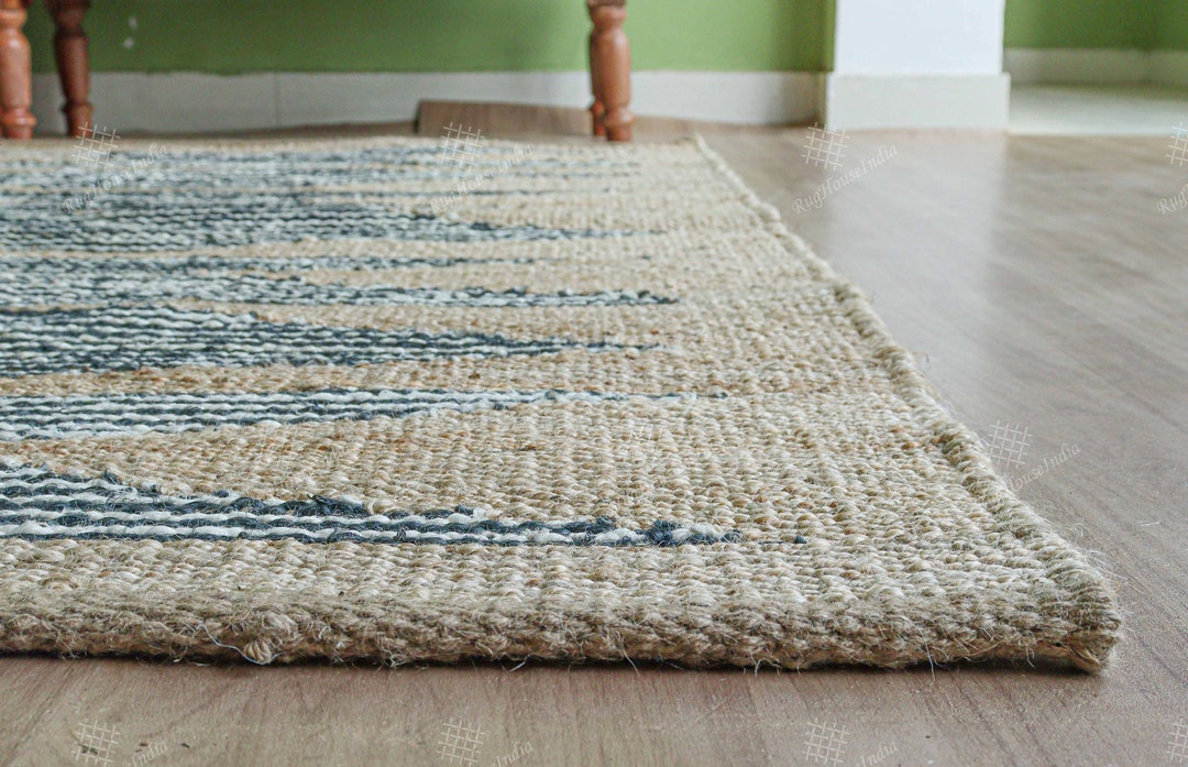 Hand Loomed Natural Jute Rug White & Black Stripes Design Large Area ...