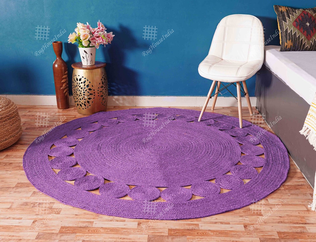 Indian Hand Braided Scalloped Round Jute Rug Purple Jute Rug Handmade ...