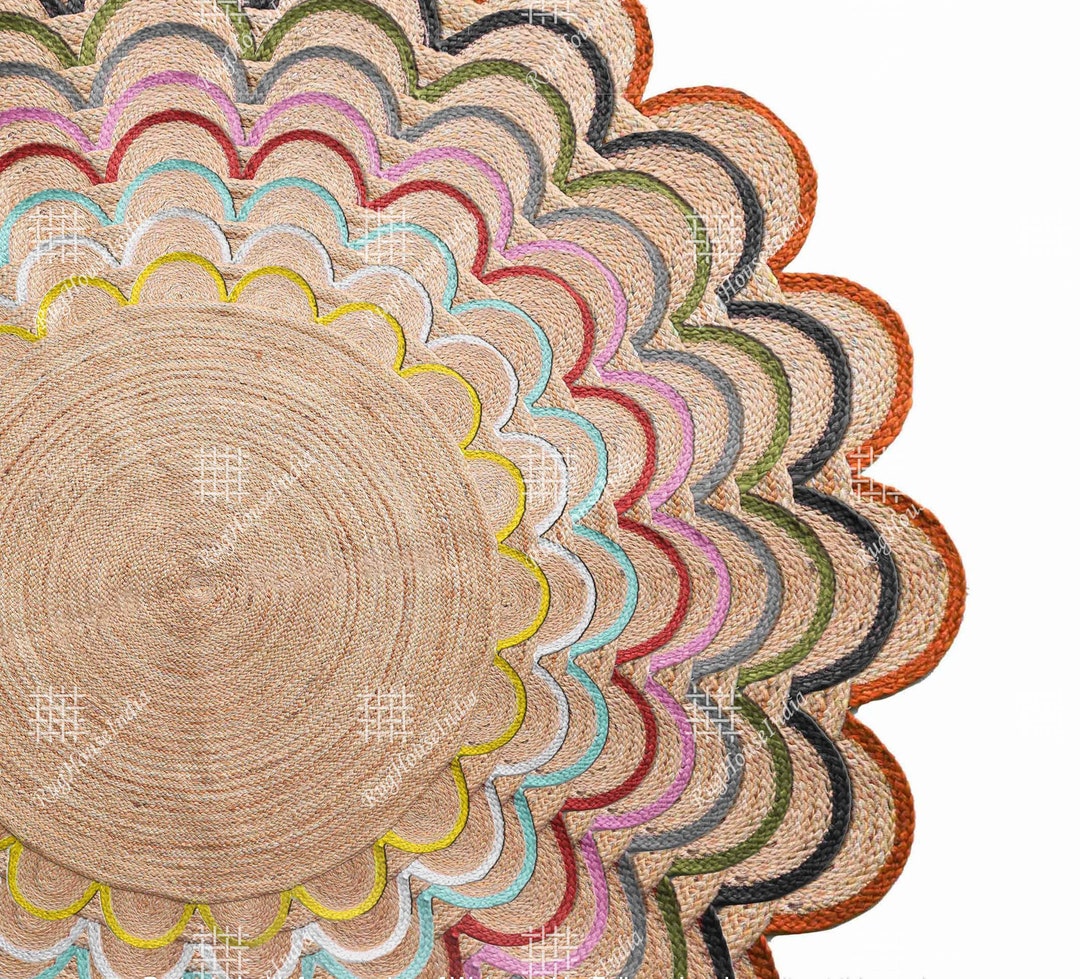 Custom Size/color Hand Braided Round Jute Scalloped Rug, Natural Jute ...