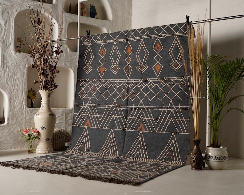 Kitchen Mat Kilim Rug : Handmade Green Geometric Pattern Wool Jute ...