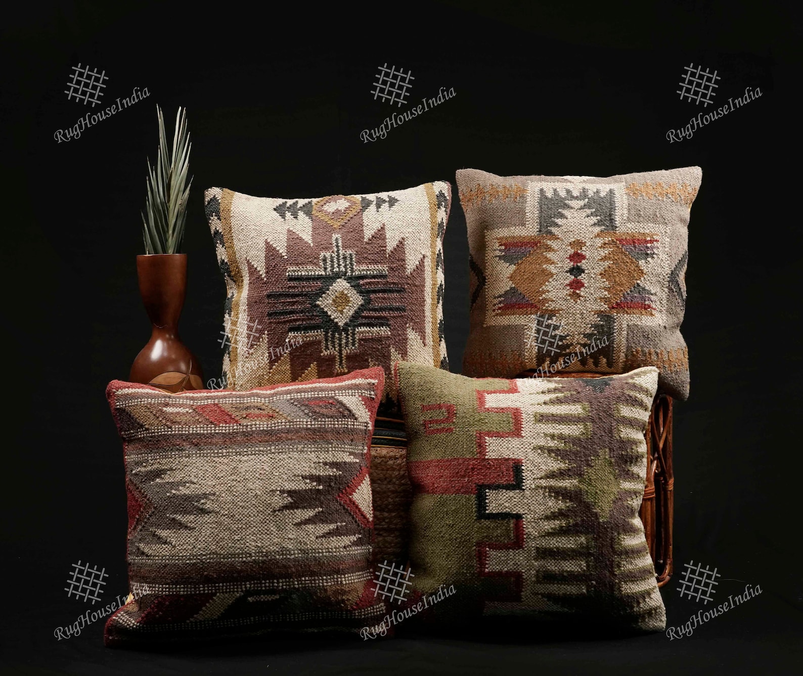 4 Set of 18"x18"handwoven Wool Jute Cushion Cover Boho Room Decorative ...