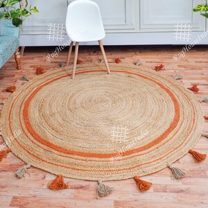 Custom Size Hand Braided Orange Round Natural Jute Rugs With Fringes ...