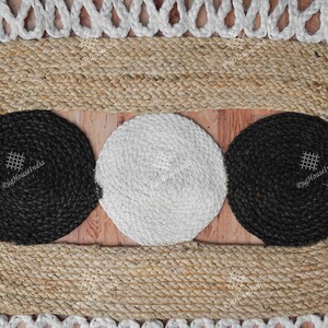Indian Hand Braided Oval Jute Rug Beige White With Black Design Rug ...