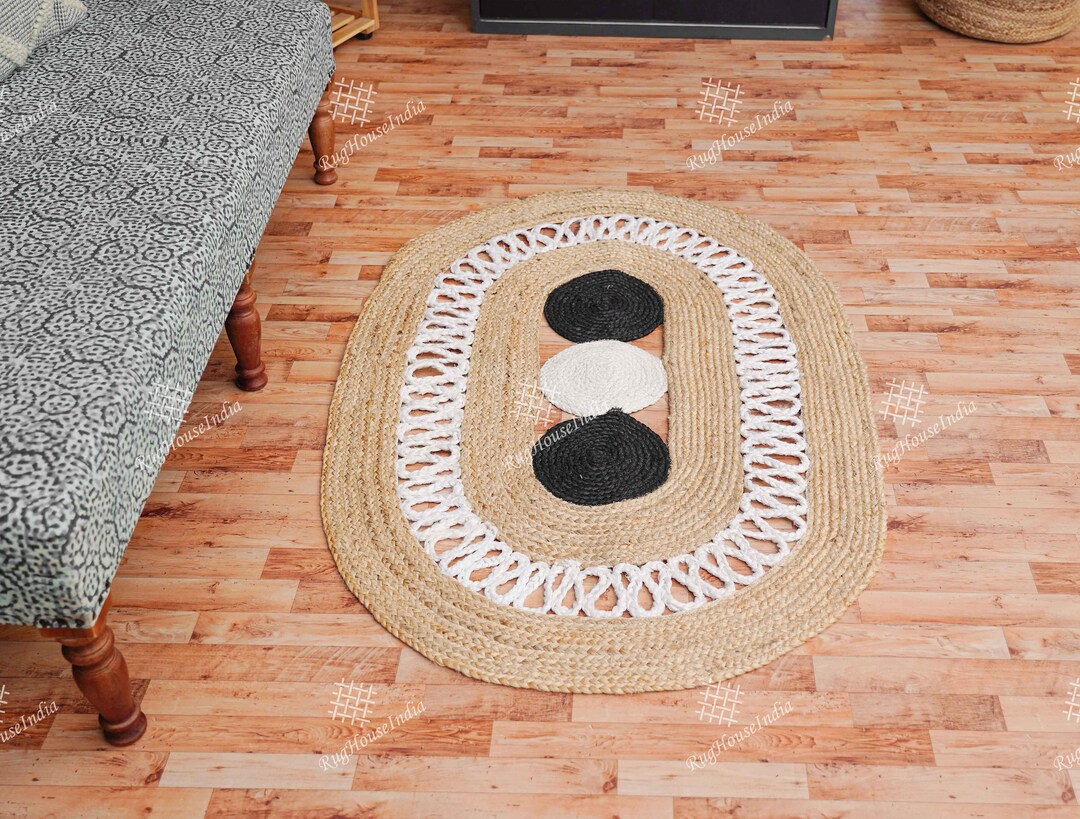 Indian Hand Braided Oval Jute Rug Beige White With Black Design Rug ...