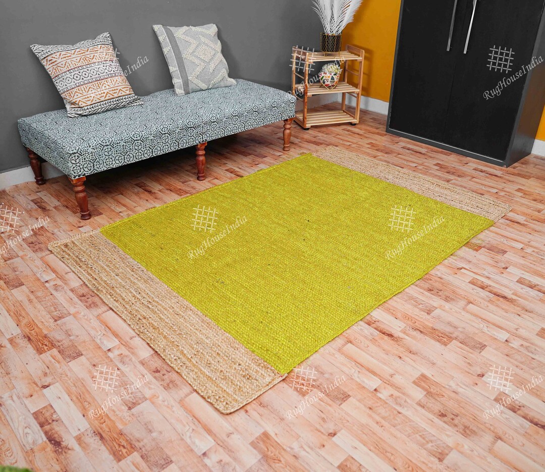 Hand Braided Custom Size Jute Rug Yellow and Blue Rectangle Jute Rug ...