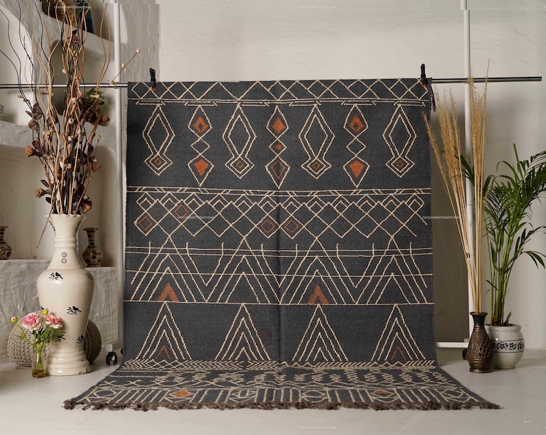 Kitchen Mat Kilim Rug : Handmade Green Geometric Pattern Wool Jute ...