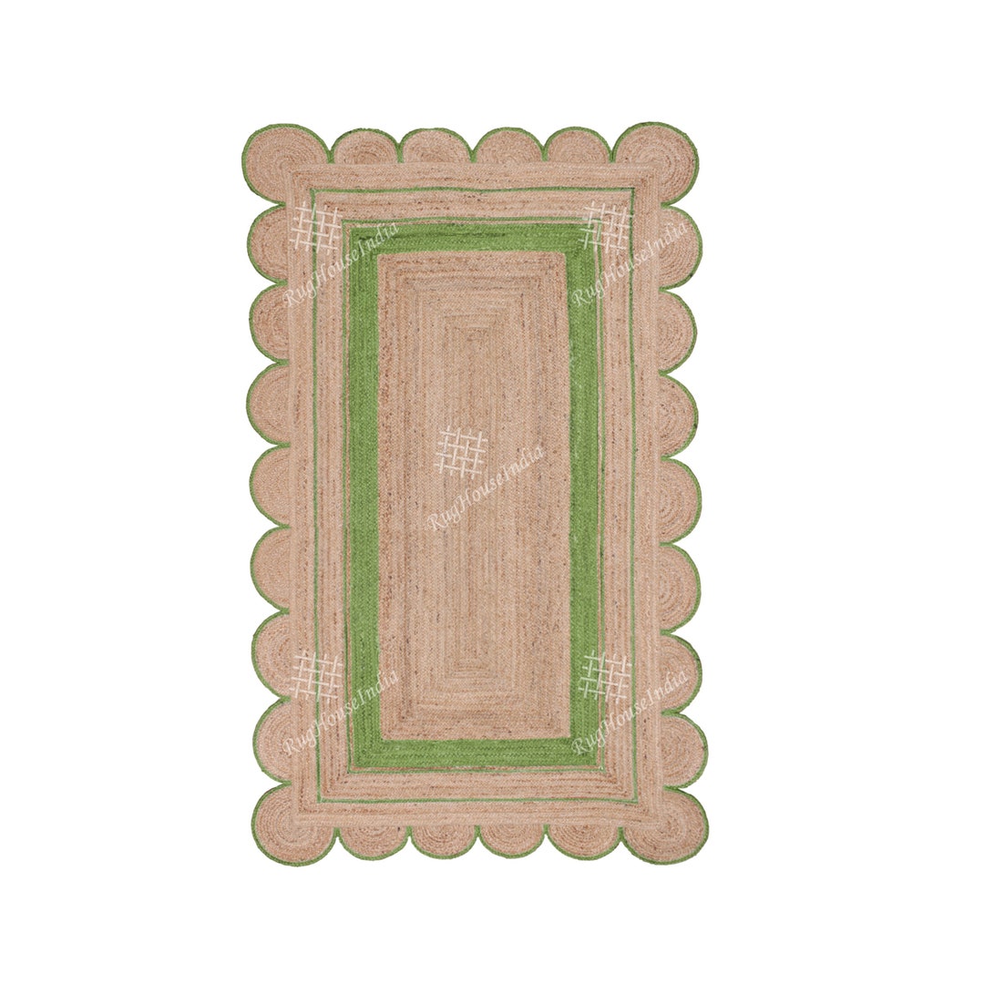 Hand Braided Rectangle Scalloped Beige Jute Rug With 4 Line - Etsy