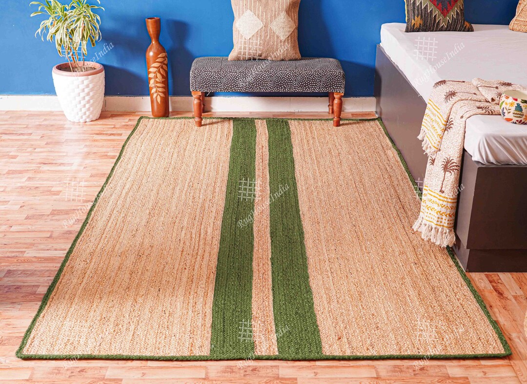 Custom Size Hand Braided Beige Jute Rug With Double Stripes Line Indian ...